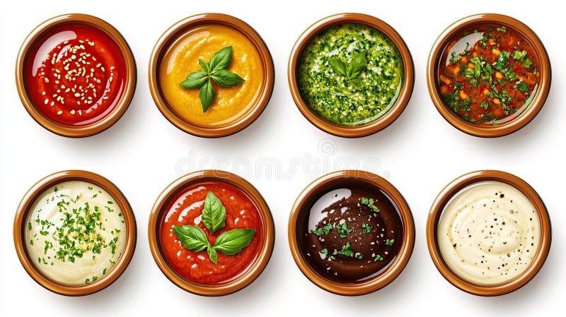 Eight Small Bowls of Various Sauces, Dips, and Condiments, Isolated on ...