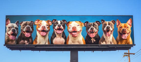 Eight Smiling Dogs in a Row on a Billboard. (1 Stock Illustration ...