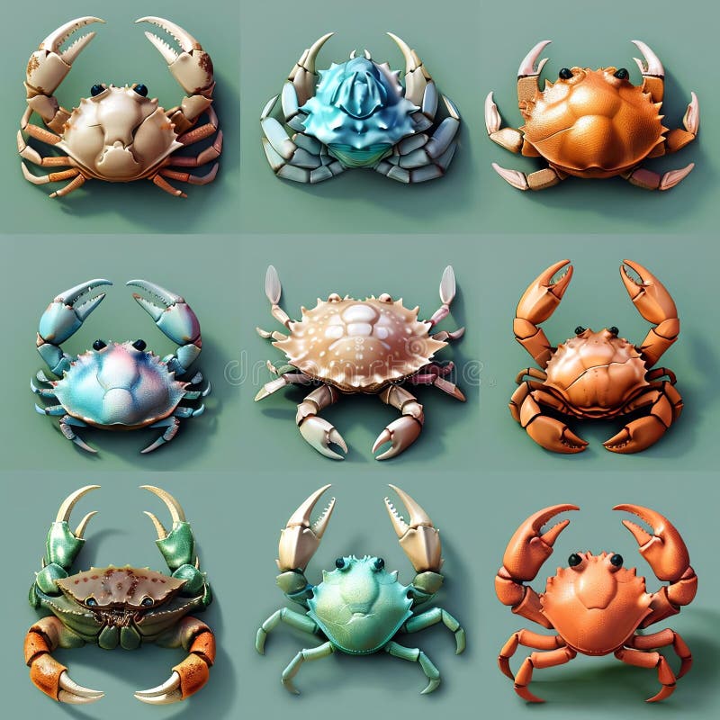 Eight Stylized Crab Icons, Each with a Unique Pastel Color Scheme, Sit ...