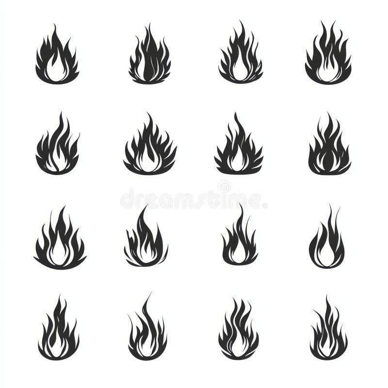 Eight Stylized Flame Designs are Arranged in Silhouette Form Stock ...