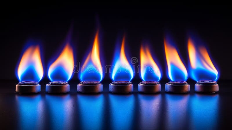 Eight Vibrant Blue and Orange Flames Burning in a Row on a Dark ...