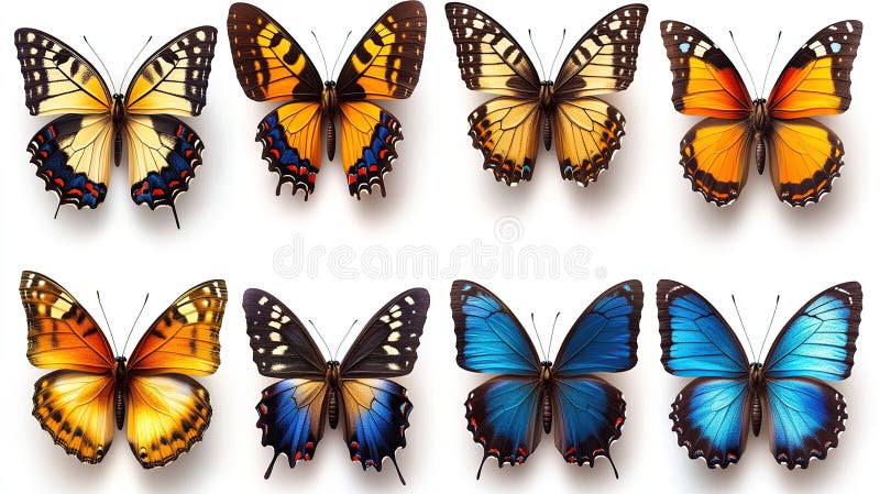 Eight Vibrant Butterflies with Diverse Wing Patterns and Colors ...