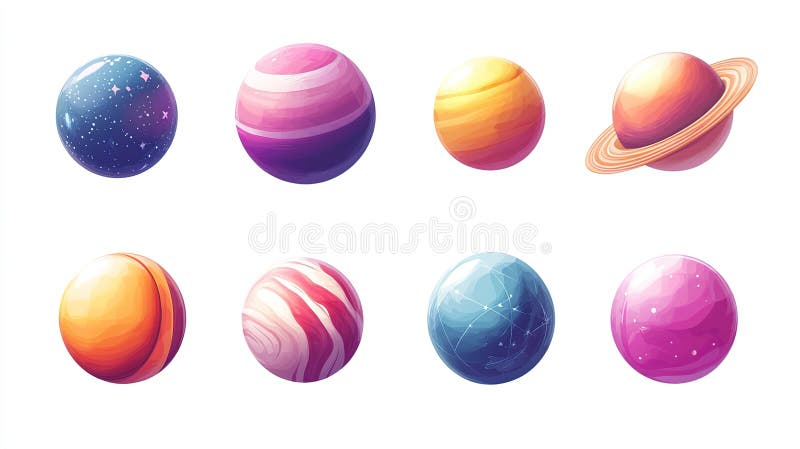 Eight Vibrant Cartoon Planets, Each with Unique Textures and Colors ...