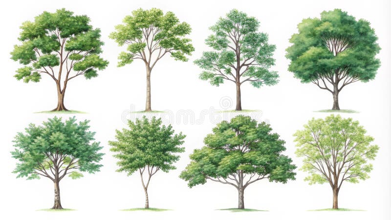 Eight Watercolor Trees Botanical Illustration Stock Illustration ...