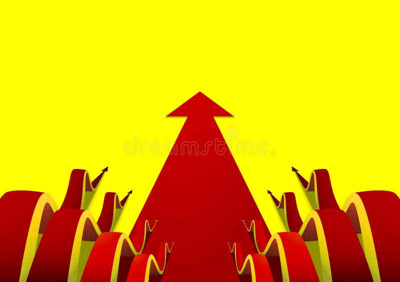 Eight Wavy Red Arrows Creeping Forward for Large Flat Arrow on Yellow ...