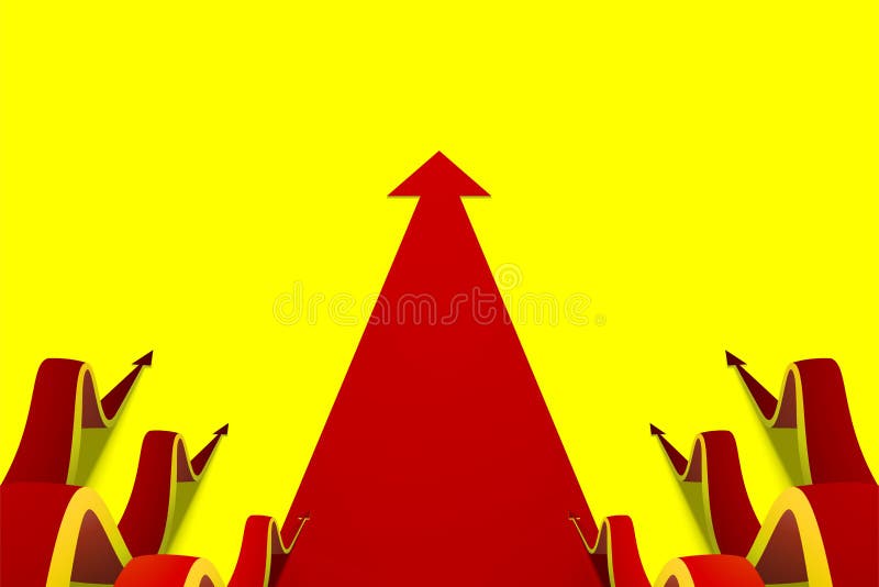 Eight Wavy Red Arrows Creeping Forward for Large Flat Arrow on Yellow ...