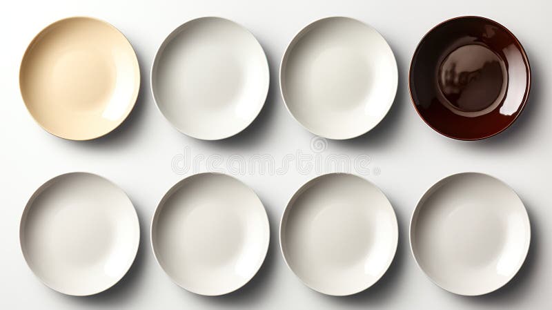Eight White Ceramic Plates on a White Background with a Brown Plate in ...