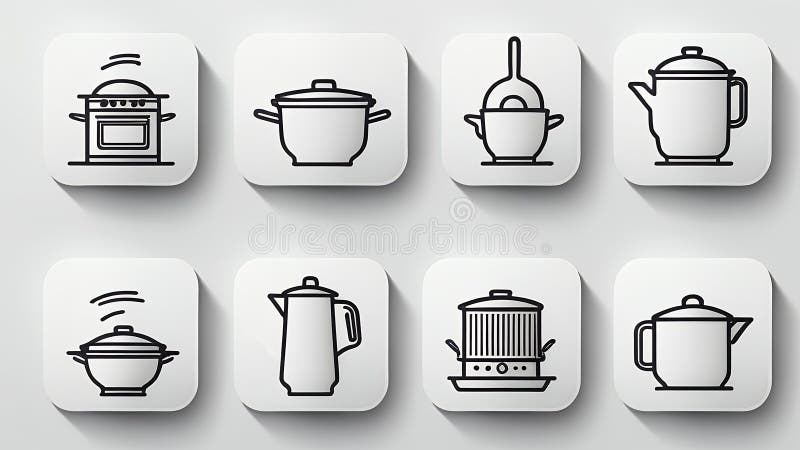 Eight White Square Icons with Black Line Drawings of Various Kitchen ...