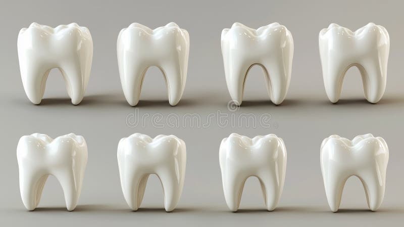 Eight White Tooth Models in Two Rows on a Neutral Background Stock ...