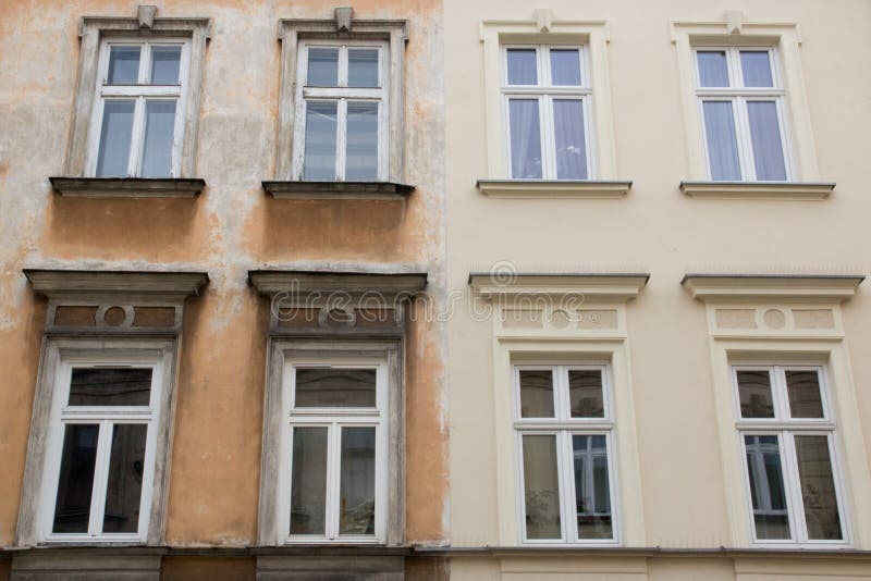 Eight White Windows on the Facade of the Two Houses of Old and New ...