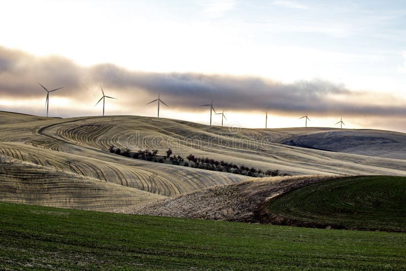 Eight Wind Turbines Under a Cloudy Sky on the Palouse, Washington State ...