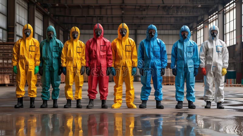 Eight Workers in Hazmat Suits Standing in Industrial Building Stock ...
