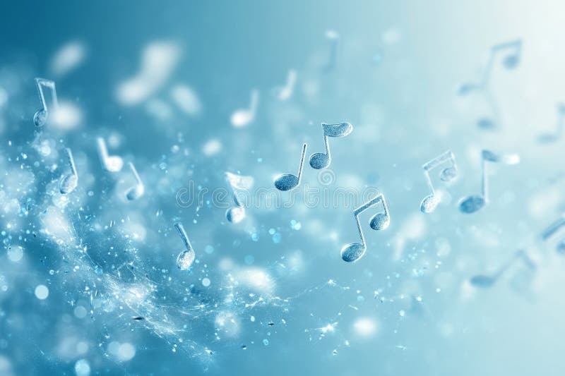 Eighth Notes are Floating in an Abstract Blue Background with Sparkling ...