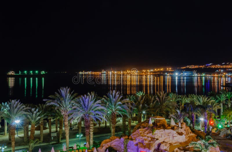 Eilat - the bay at night stock photo. Image of lighting - 70994062