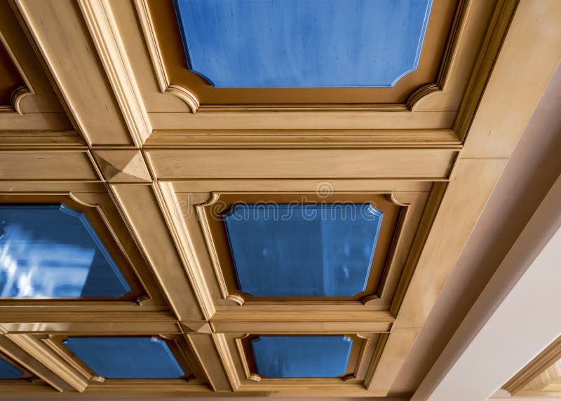 ?eiling Wood Paneling with Blue Inserts. Stock Photo - Image of classic ...