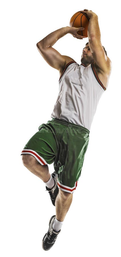 Profi-Basketball-Spieler, Der Mit Dem Ball Auf Weiß Lokalisiert Springt ...