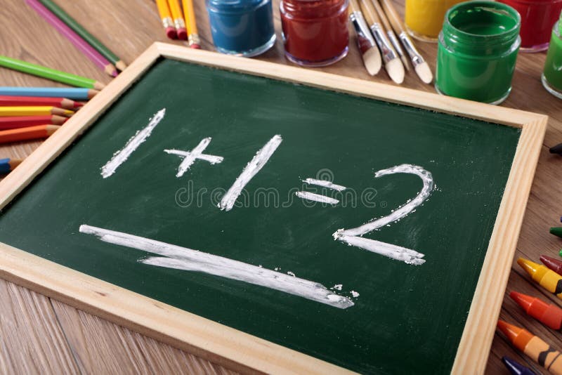 Einfaches Mathe 1+1=2 Auf Kleiner Schultafel Oder -tafel Stockfoto ...