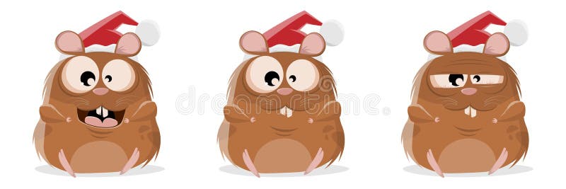 Funny Cartoon Collection of a Hamster with Christmas Hat Stock Vector ...