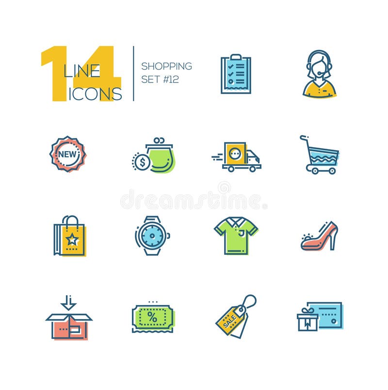 Einkaufen – Set Mit Dicken Linien-Icons Vektor Abbildung - Illustration ...