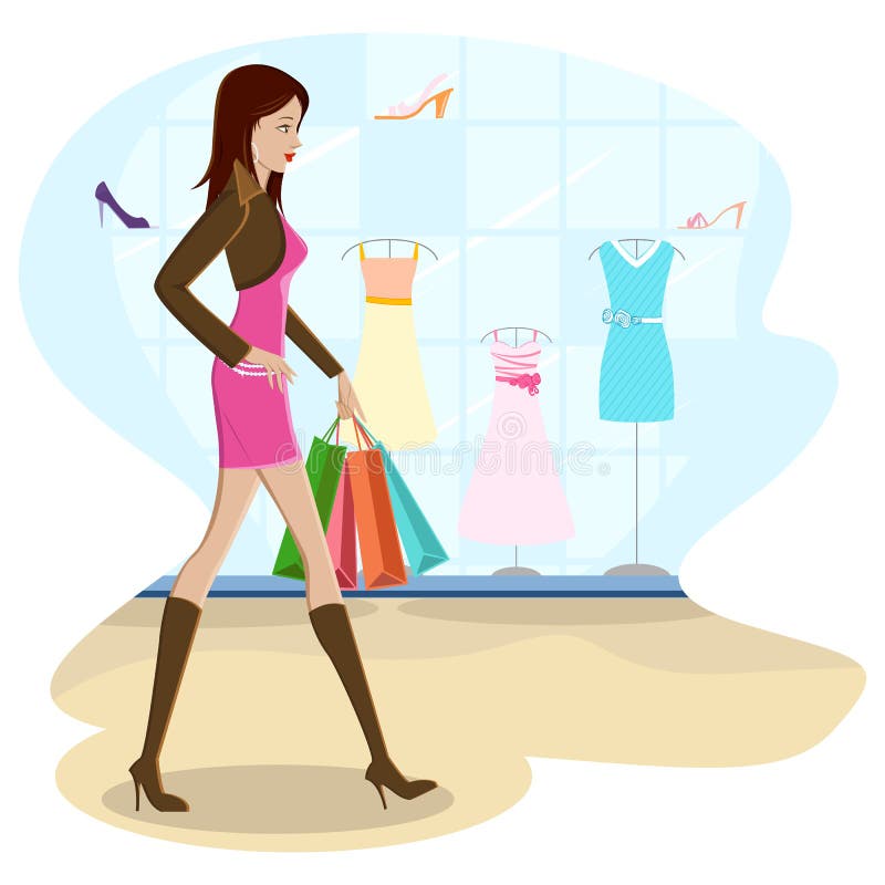 Frauen Im Kleidergeschäft Einkaufen Flat Cartoon Handgezeichnete ...