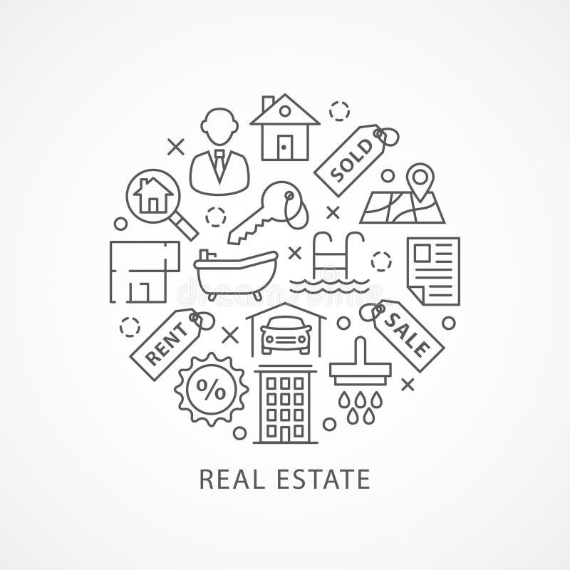 Ejemplo De Real Estate Con Los Iconos En Estilo Linear Ilustración del ...