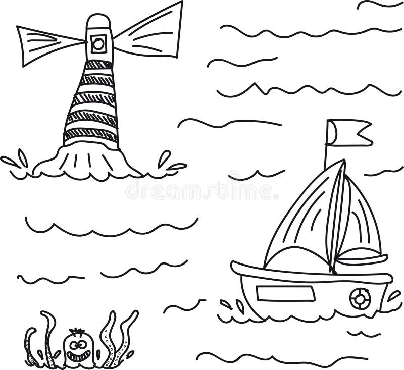 El Barco Navega Al Mar Más Allá Del Faro, En El Agua Que Es Amenazado ... El Barco Navega Al Mar Más Allá Del Faro, En El Agua Que Es Amenazado ...