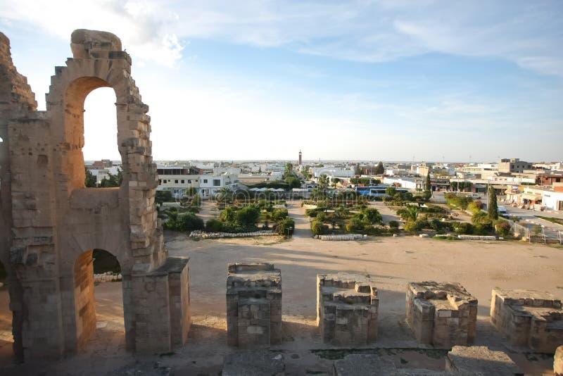 El Djem, Amphitheatre with City Skyline Stock Image - Image of africa ...
