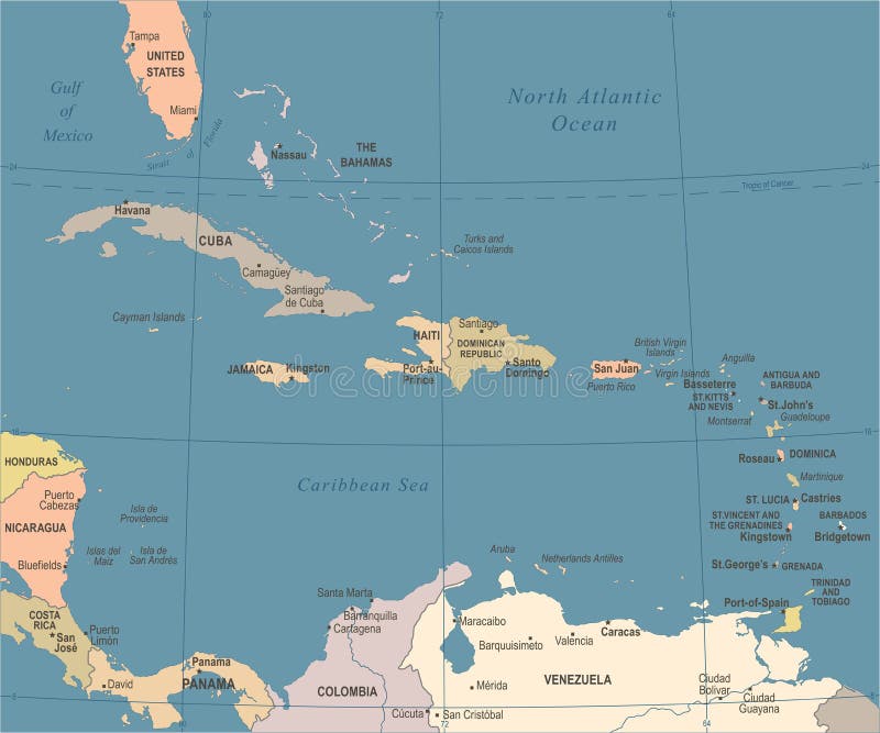 El Mapa Del Caribe - Ejemplo Del Vector Del Vintage Stock de ...