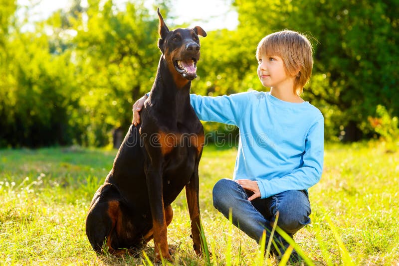 El Muchacho Abraza Su Perro O Doberman Querido En Verano Foto de ...