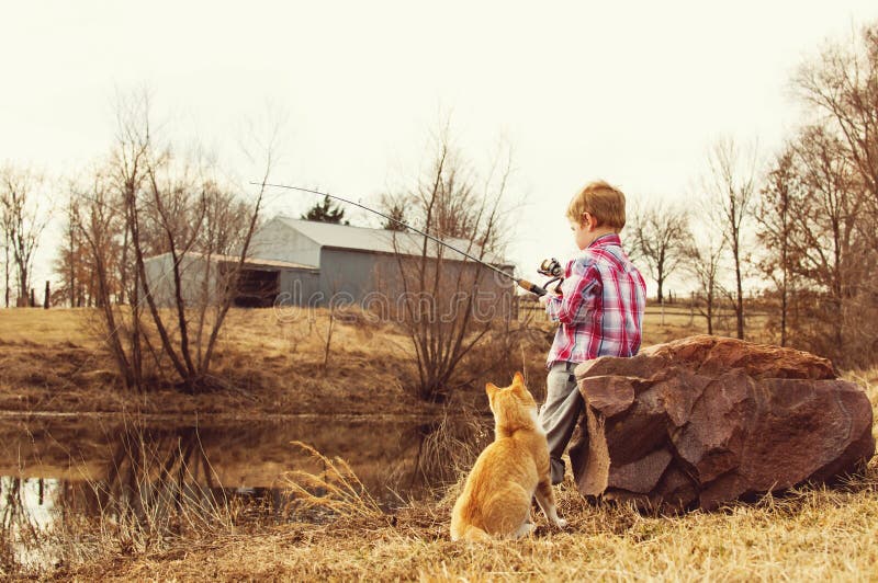 Niño Y Gato Van a Pescar En El Estanque Foto de archivo - Imagen de ...