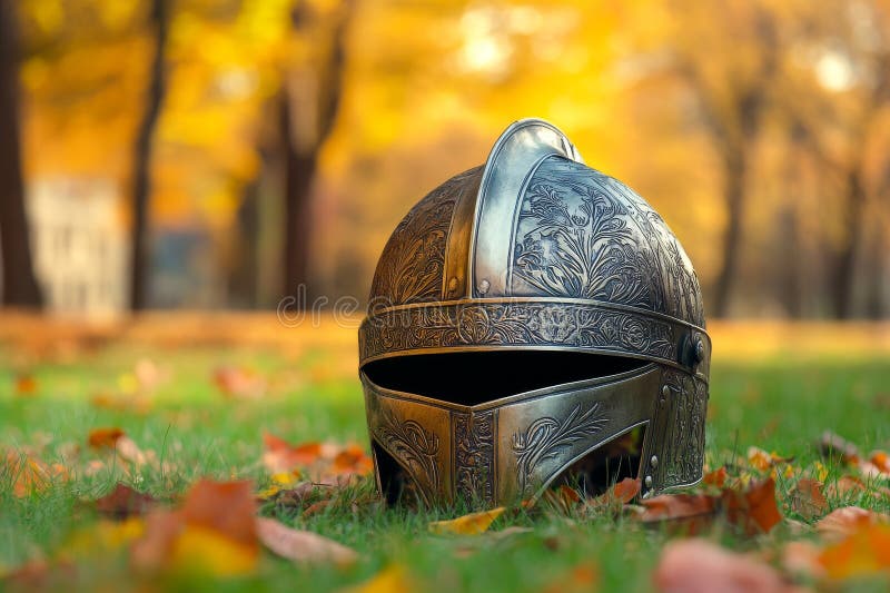 Elaborate Black Metal Knight S Helmet Featuring Detailed Patterns Stock ...