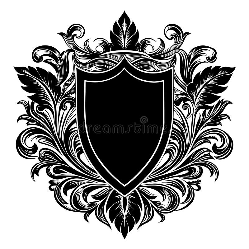 Elaborate Black and White Shield with Leaves and Crown Stock ...