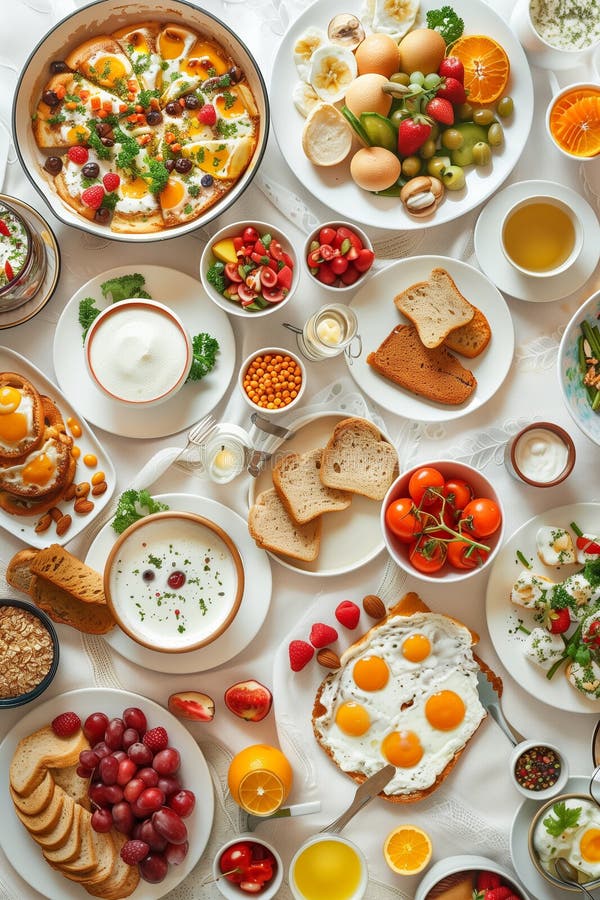 Elaborate Breakfast Layout with Fresh Eggs, Fruits, Bread, and ...