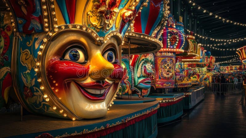 Elaborate Carnival Float with Gigantic Smiling Jester Mask at Night ...