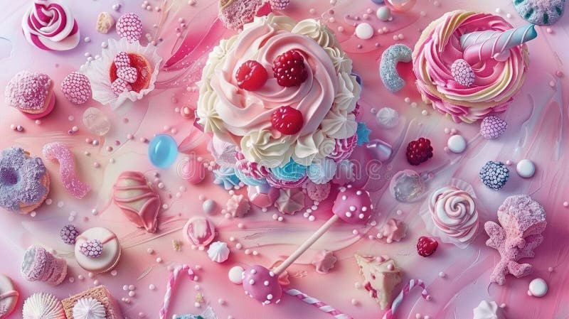 Elaborate Cupcake with Icing and Berries Surrounded by Sweets ...