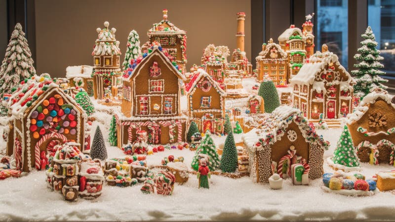 Elaborate Gingerbread Village Display with Candy Decorations Stock ...