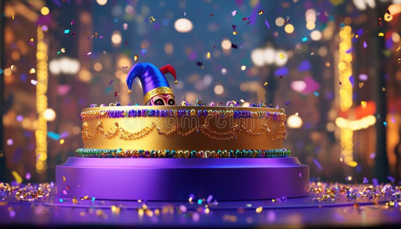 Elaborate Mardi Gras Cake with Jester Hat and Mask Stock Illustration ...