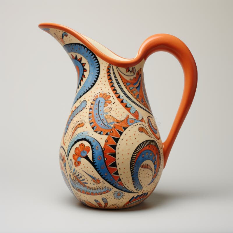 Elaborate Orange and Blue Painted Pitcher on Gray Background Stock ...