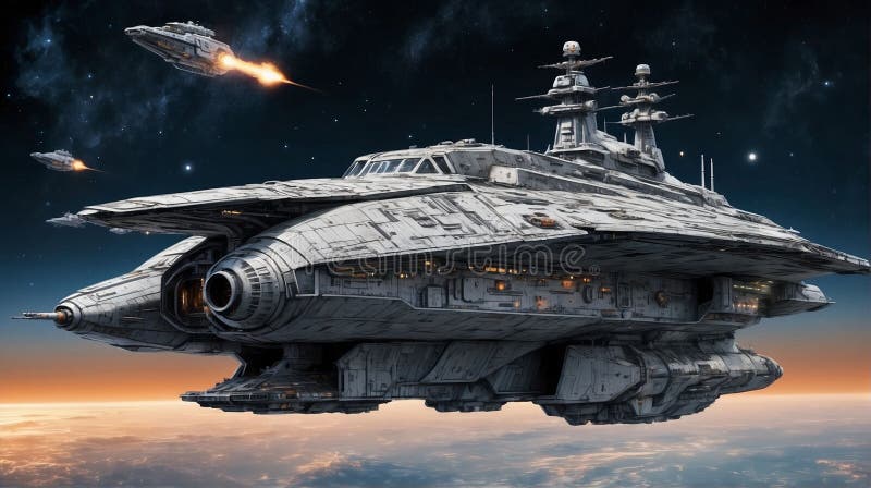 An Elaborate Spaceship Flying in the Sky with Other Vehicles and a ...