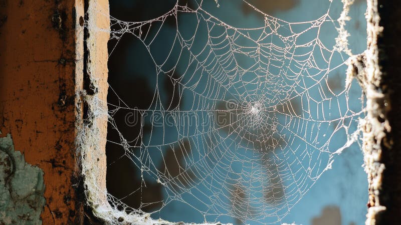 Elaborate Spider Web Stretches Across an Aged, Rectangular Window Frame ...