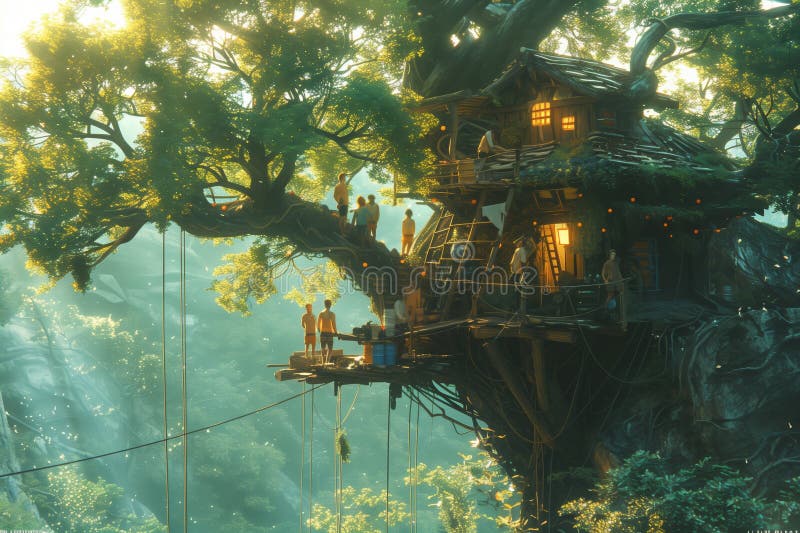 Elaborate Treehouse with Group of People in a Lush Forest Setting Stock ...