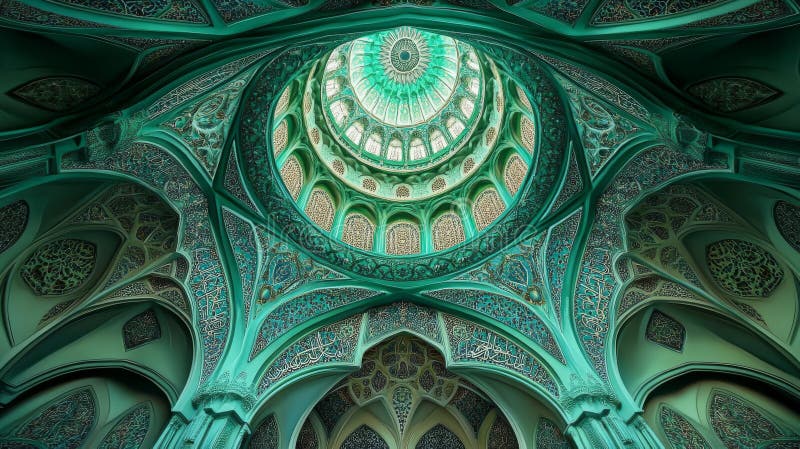 The Elaborate Turquoise and Gold Dome of a Mosque, Featuring Islamic ...