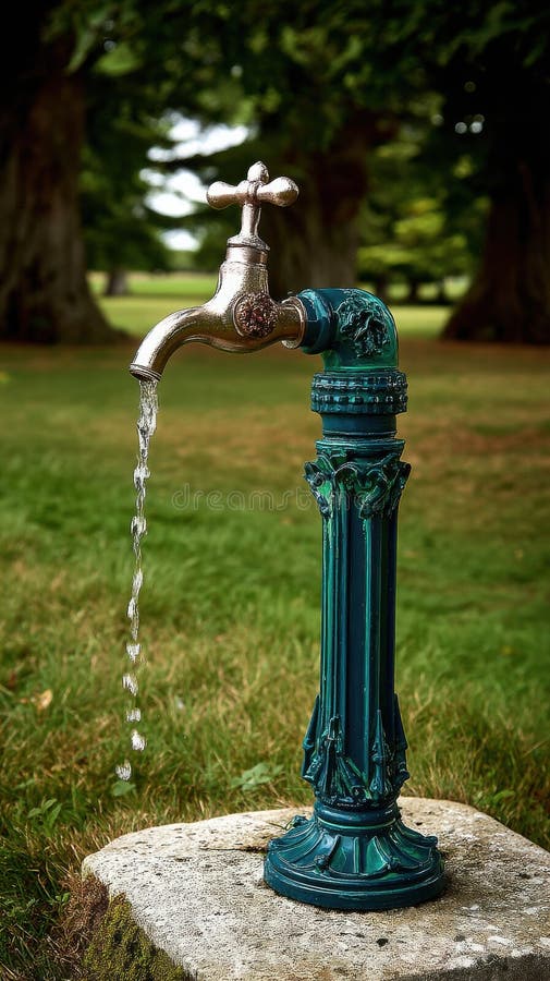 Elaborate Vintage Water Tap with Water Flowing on a Stone Base in an ...