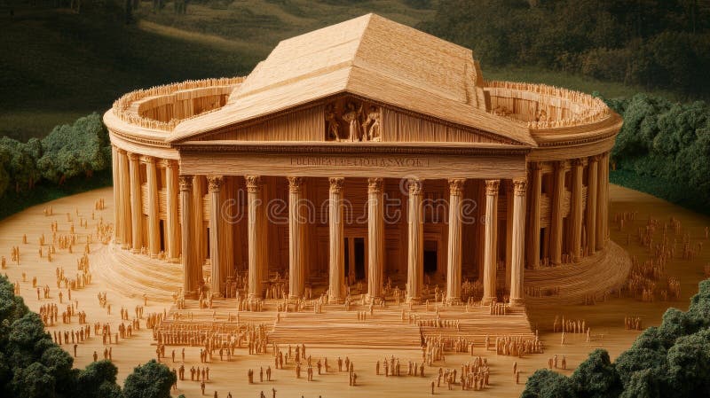 Elaborate Wooden Structure Depicting an Ancient Temple Complex Stock ...