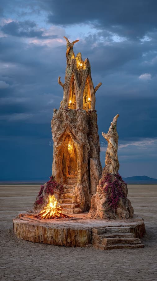 Elaborate Wooden Structure on a Salt Flat Illuminated by Fire and ...