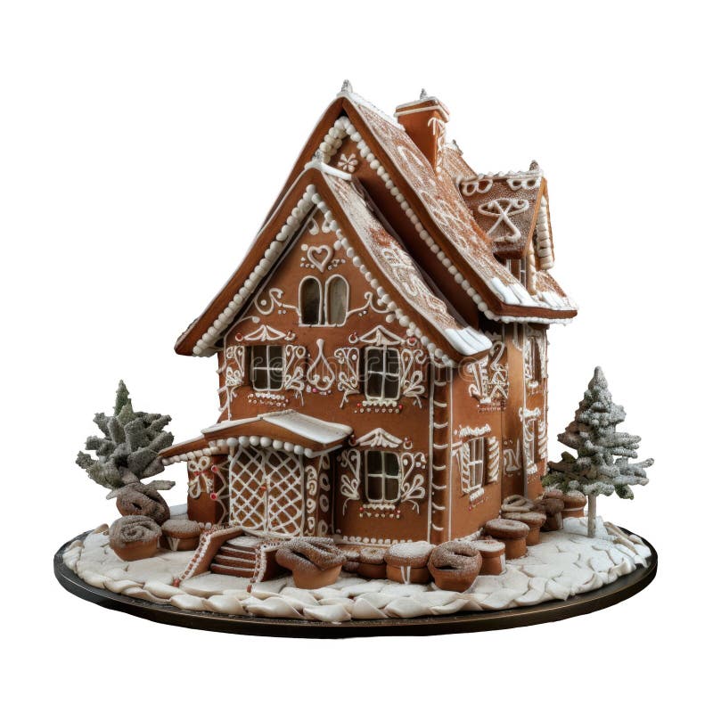 Elaborately Decorated Gingerbread House with Snow-Covered Trees and a ...