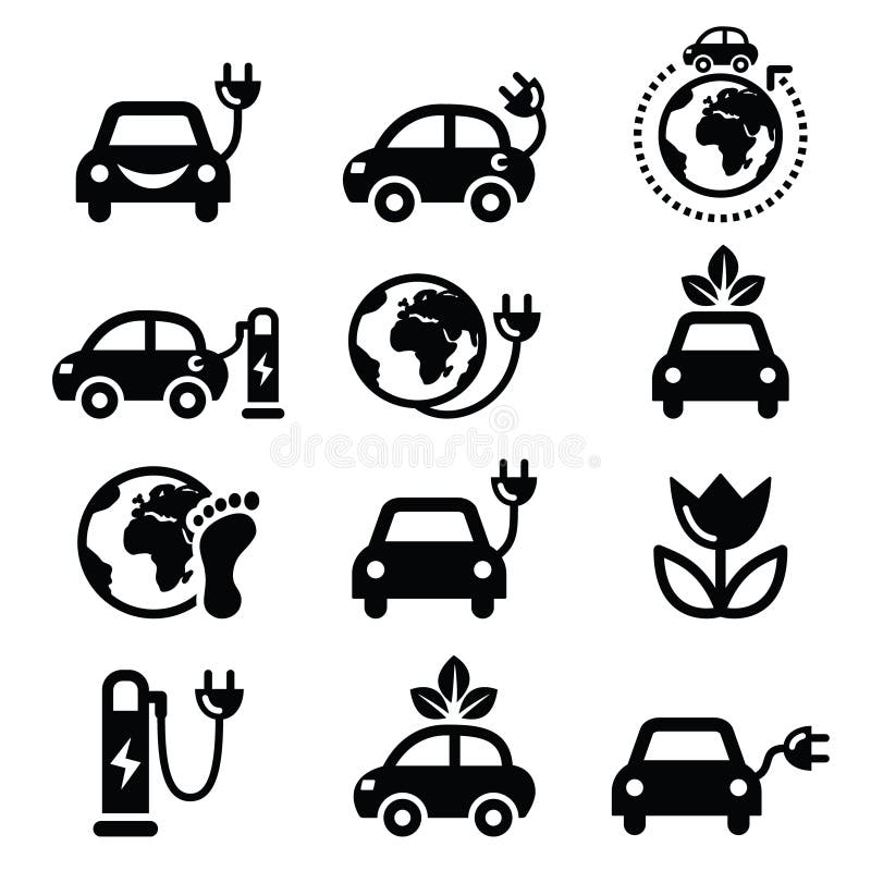 Elbil-, Gräsplan- Eller Ecotransportsymboler Ställde in Stock ...