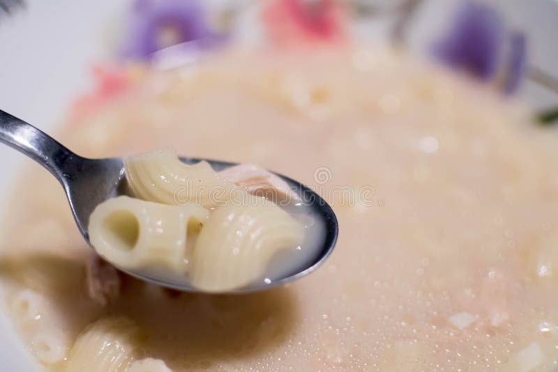 Elbow Macaroni Soup with Spoon Stock Photo - Image of creamy, food ...