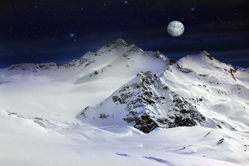 Elbrus Mount with moon stock photo. Image of night, cold - 95145086