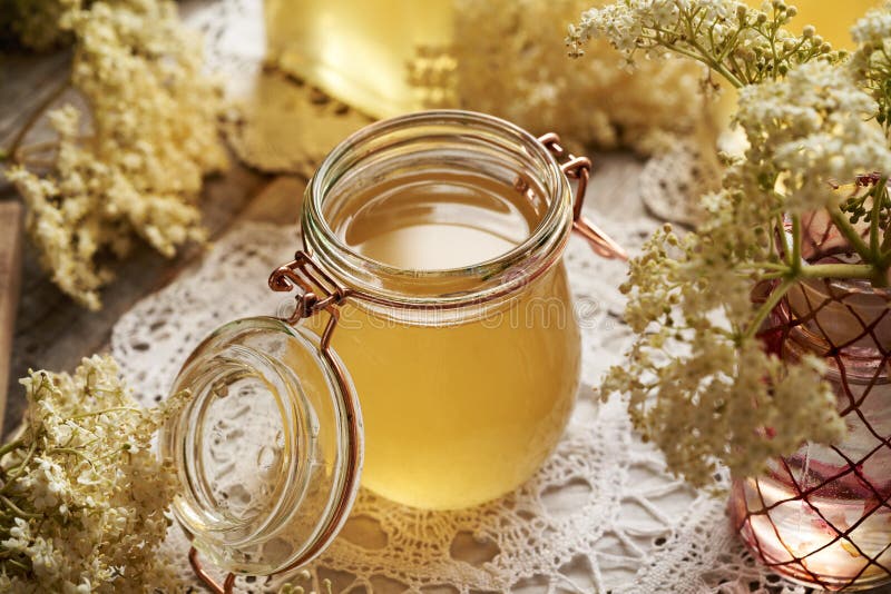 Elderberry Flower Syrup in a Glass Jar Stock Photo - Image of ...